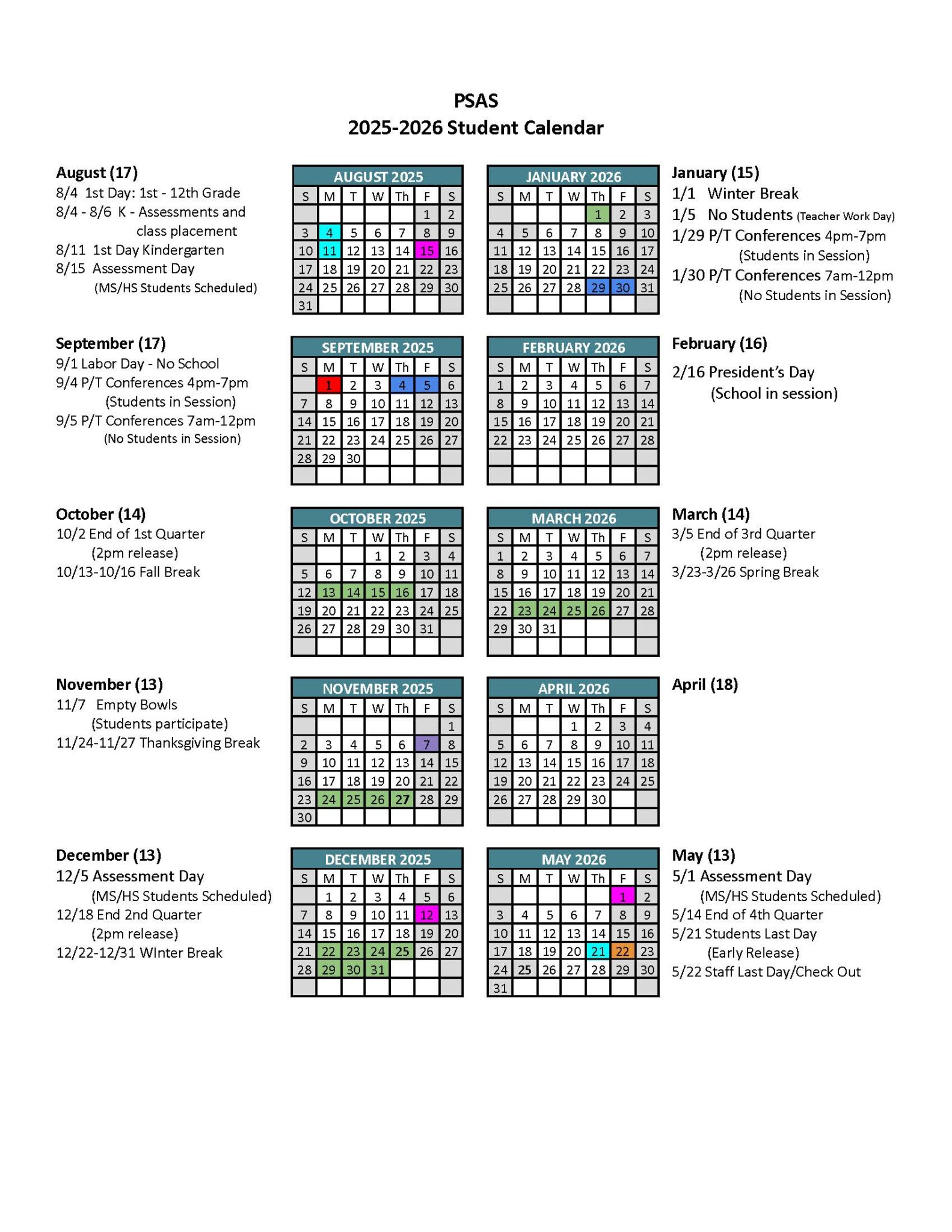 School Calendars - Pueblo School for Arts and Sciences